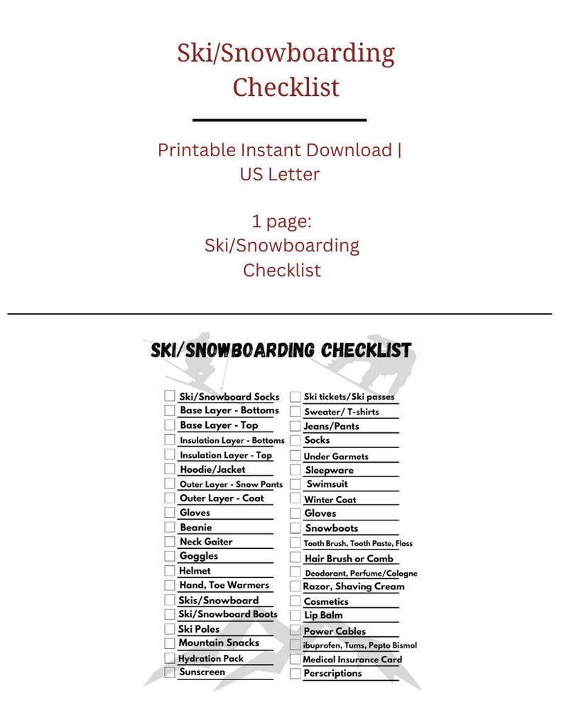 Editable Ski/snowboarding Checklist Ski Weekend Planner - Etsy