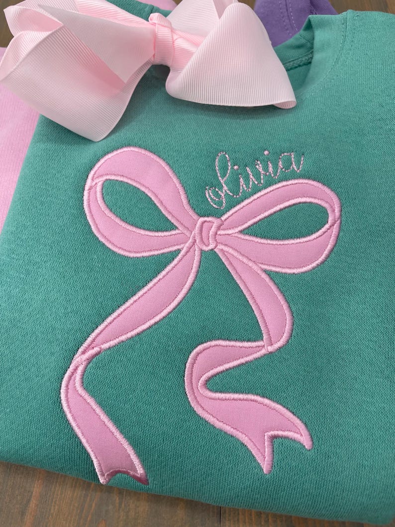 Girls Bow Sweatshirt, Embroidered Bow, Kids Crewneck, Girls Name Shirt ...