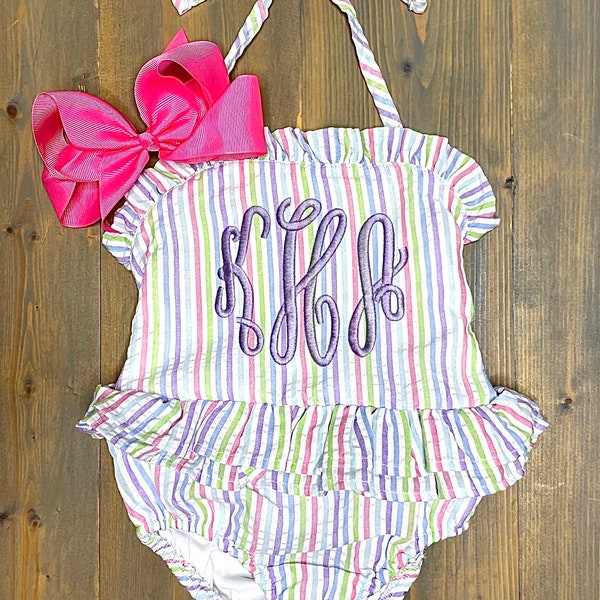 Seersucker Embroidered Swimsuit - Etsy