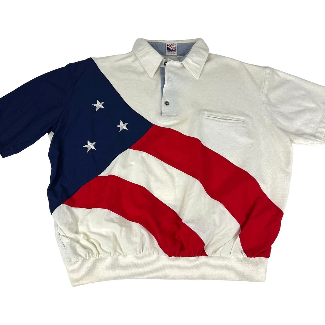 Vintage Alan Stuart Polo American Flag USA Shirt Waist Men Size Large ...