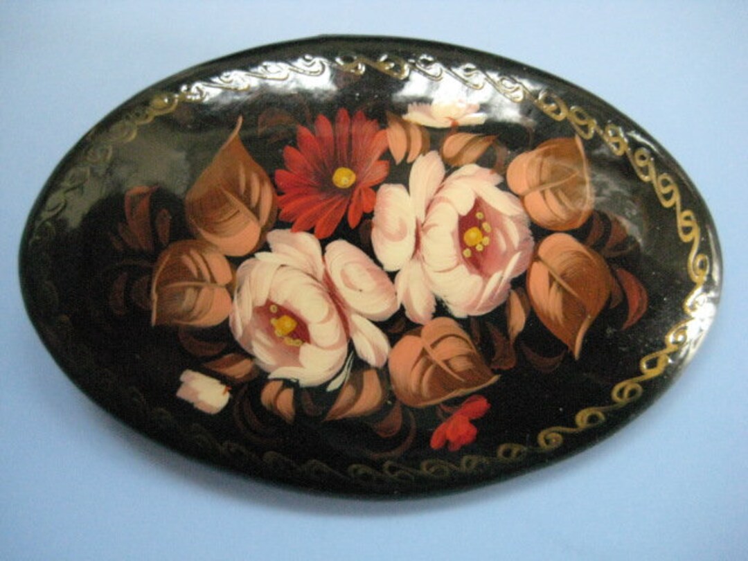 Vintage Russian Hand Painted and Lacquered Floral Brooch - Etsy