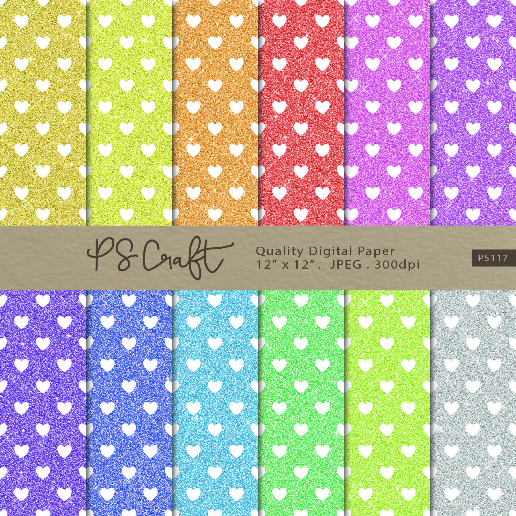 Glitter Heart Digital Papers, SEAMLESS Glitter Hearts Paper, Sparkle ...