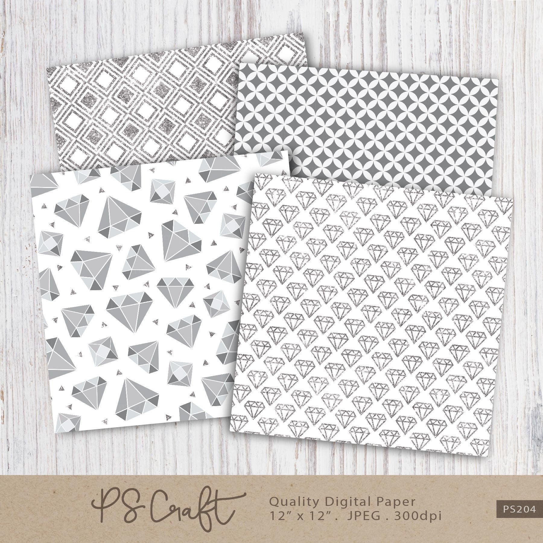 Silver Diamond Digital Paper, SEAMLESS Digital Paper, Silver Background ...