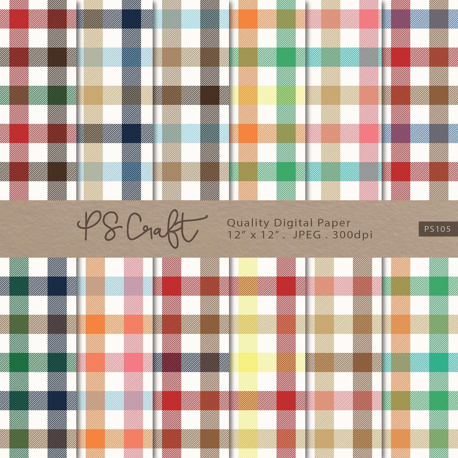3-colors Plaid Digital Papers, SEAMLESS Gingham Digital Background ...