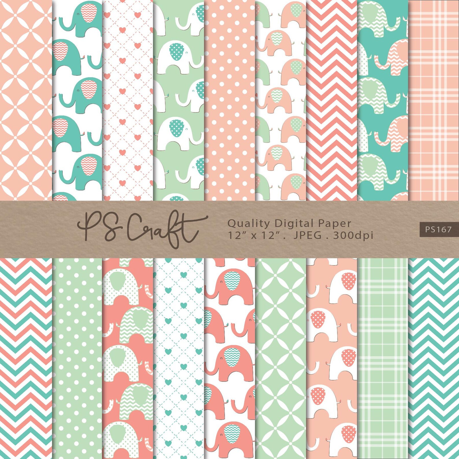 Elephant Digital Papers SEAMLESS baby Coral & - Etsy