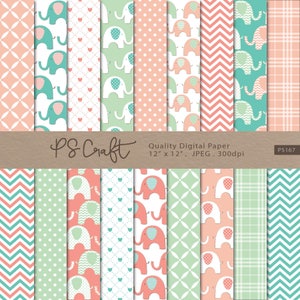 Elephant Digital Papers, SEAMLESS "baby Coral & Mint" Elephant ...