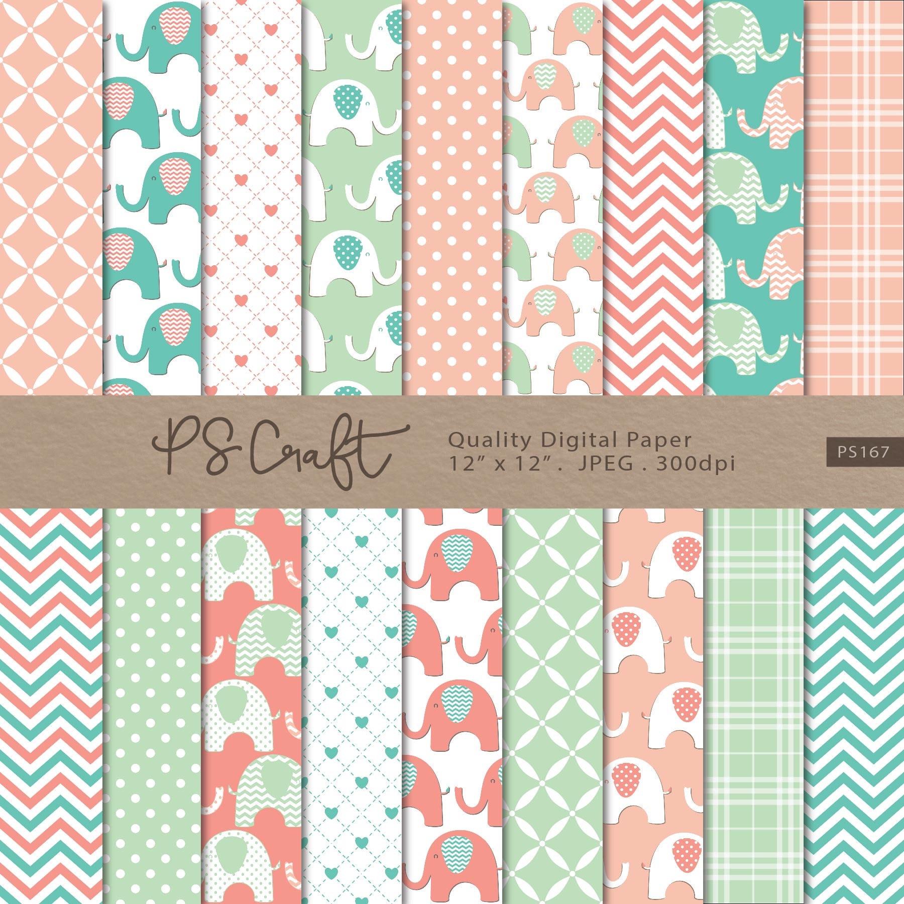 Elephant Digital Papers SEAMLESS baby Coral & - Etsy