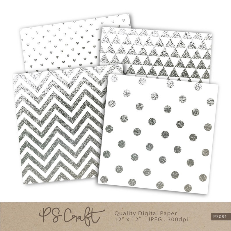 White and Silver Foil Digital Papers, Silver Background, Silver Star ...