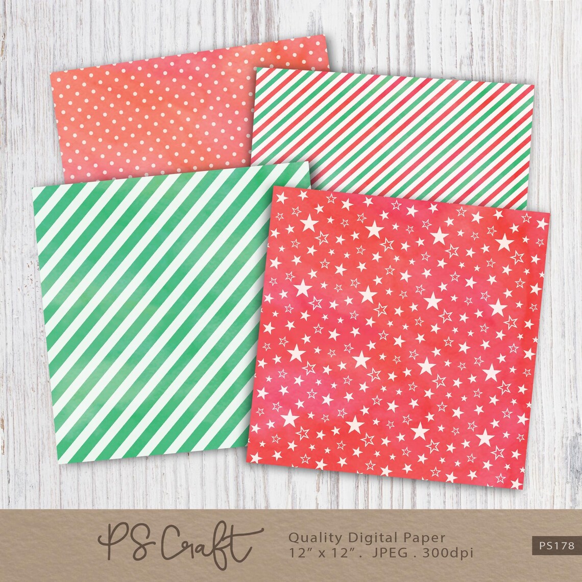 Christmas Watercolor Digital Papers, Watercolor Zigzag Background ...