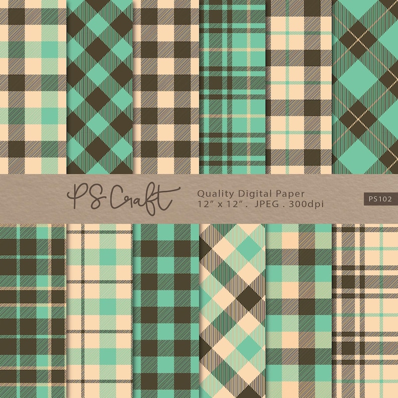 Retro Green Plaid Digital Papers, SEAMLESS Plaid Background, Retro ...