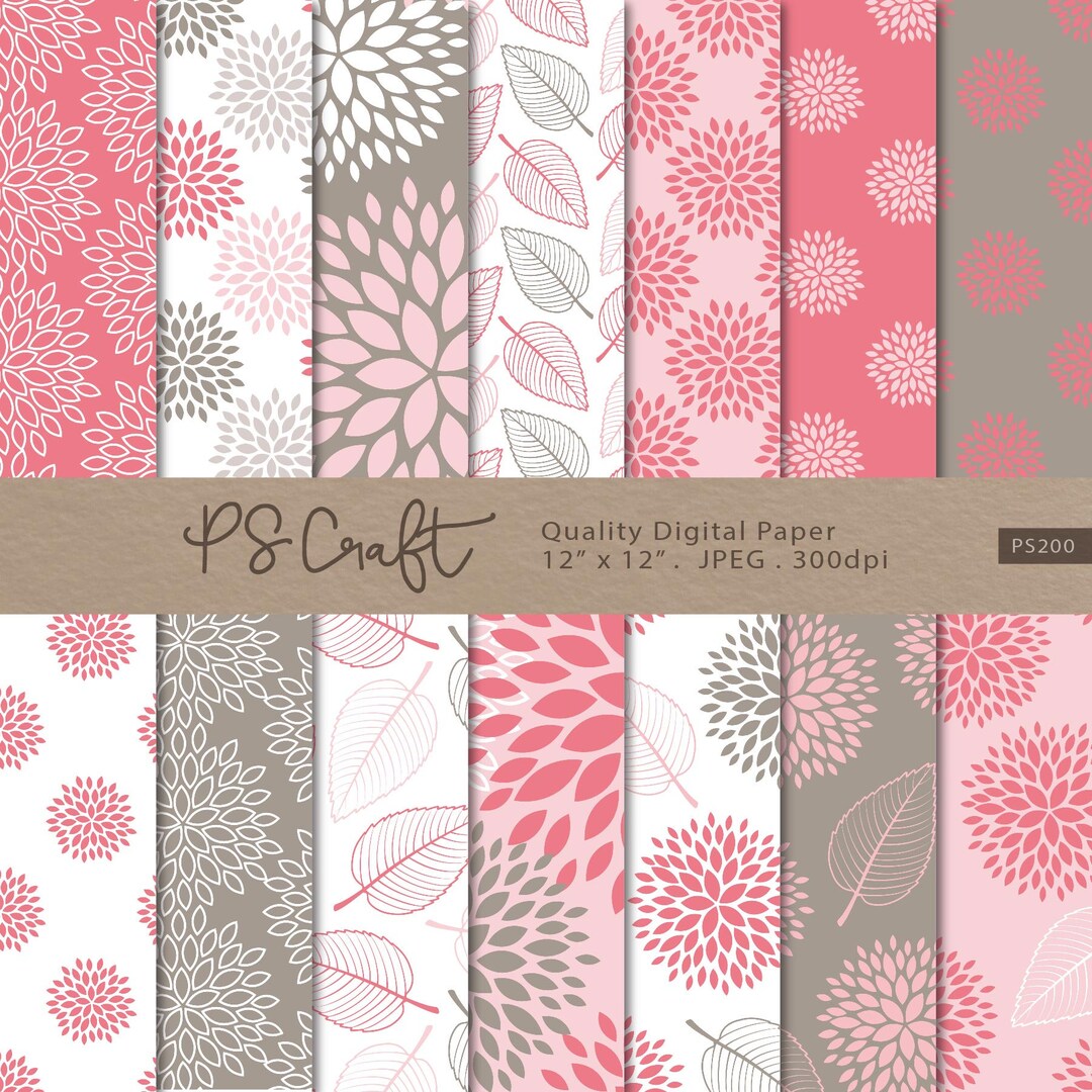 Dahlia Digital Paper, Seamless Dahlia Papers, Pink and Grey Digital ...