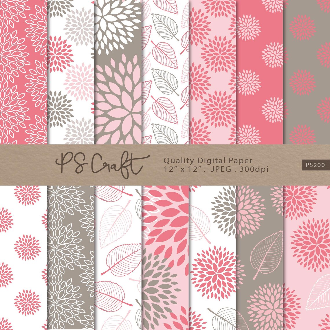Dahlia Digital Paper Seamless Dahlia Papers Pink and Grey | Etsy