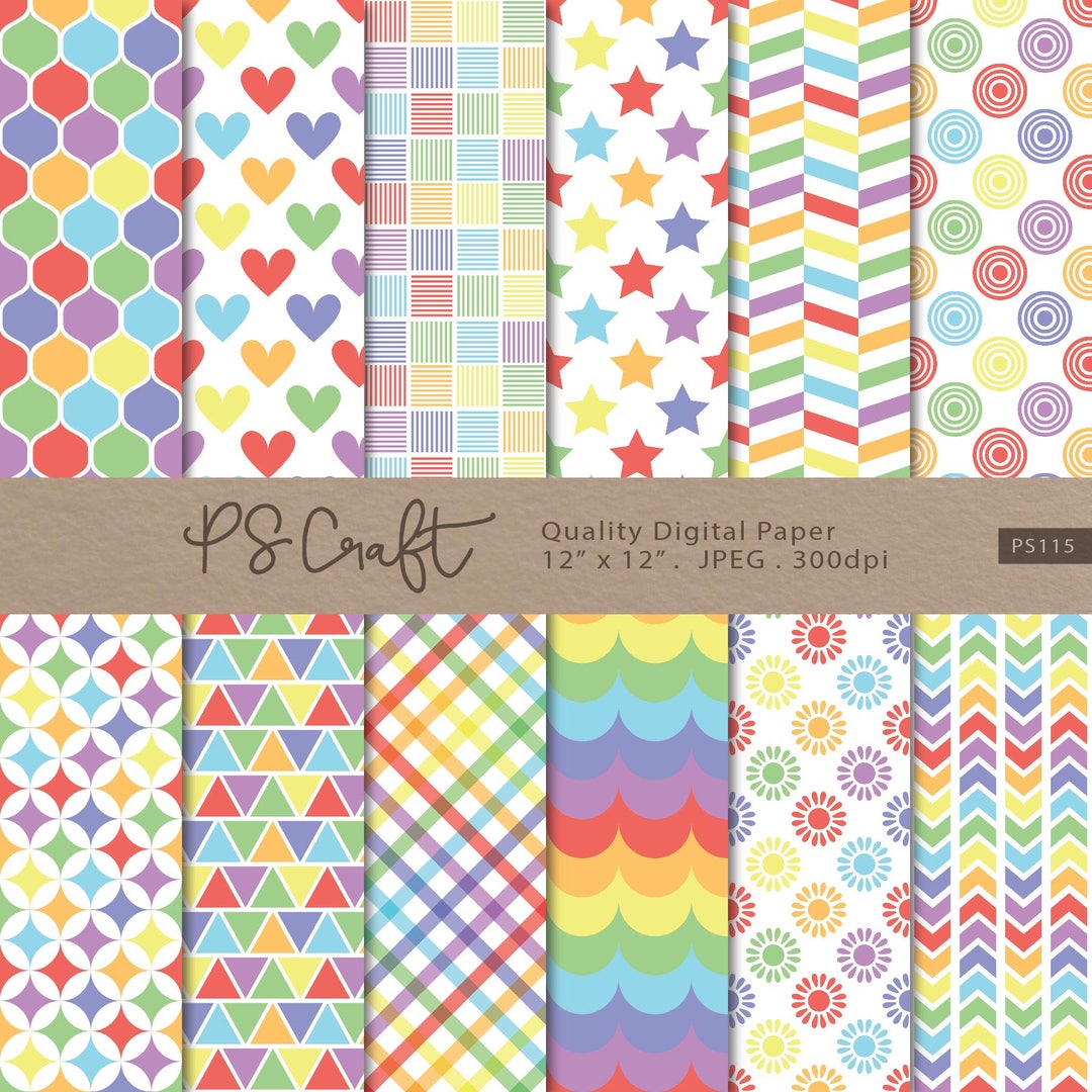 Rainbow Digital Papers, SEAMLESS Rainbow Background With Hearts, Star ...