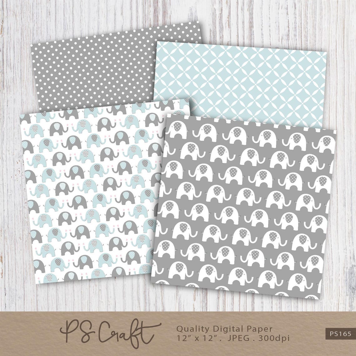 Elephant Digital Papers SEAMLESS baby Blue & Gray - Etsy