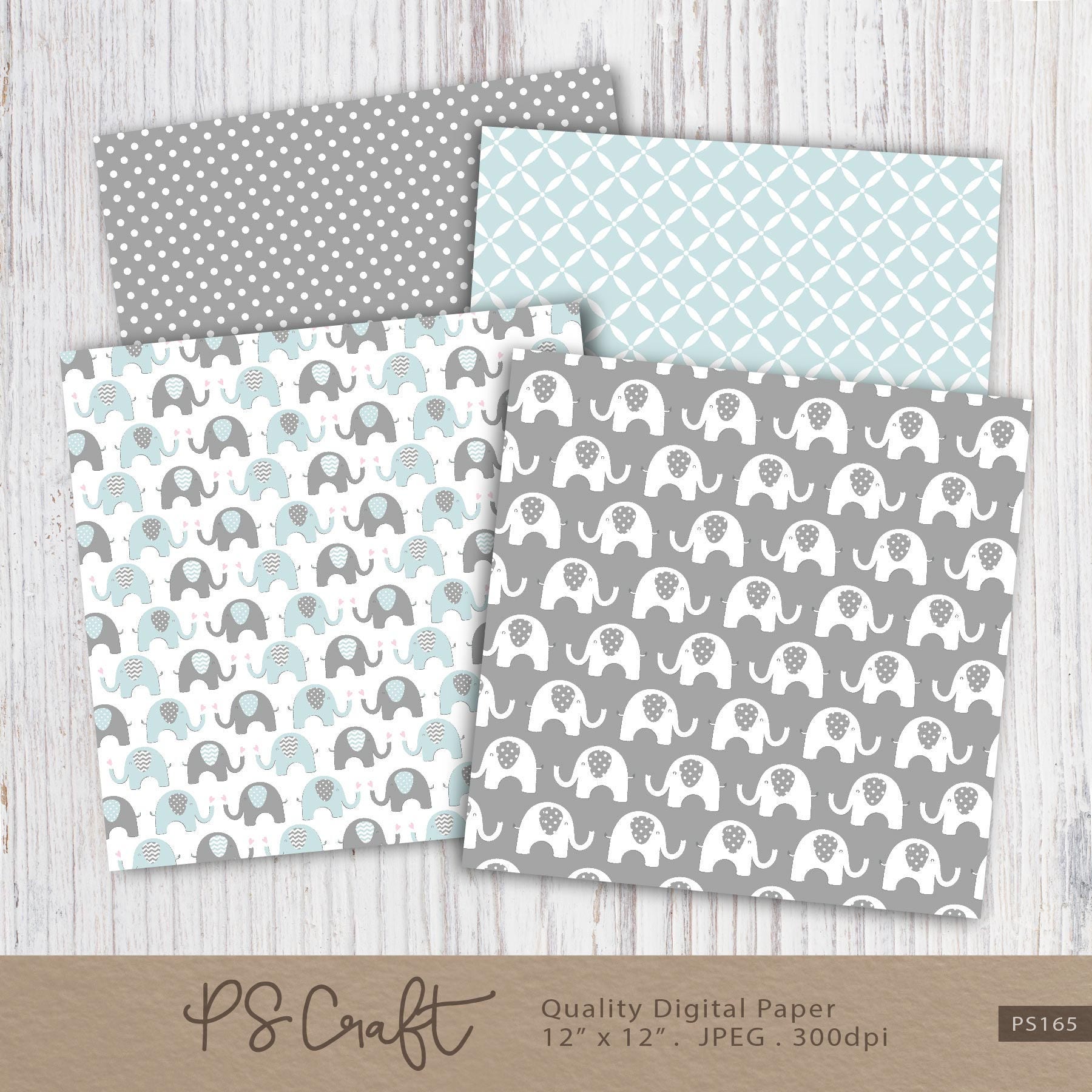 Elephant Digital Papers, SEAMLESS "baby Blue & Gray" Elephant ...