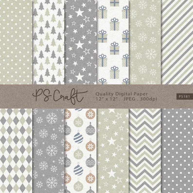 White Christmas Digital Papers, SEAMLESS Holiday Backgrounds, Kraft ...