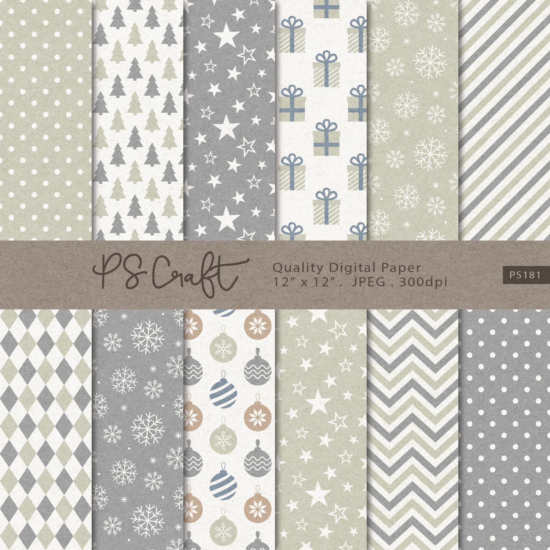 White Christmas Digital Papers, SEAMLESS Holiday Backgrounds, Kraft ...