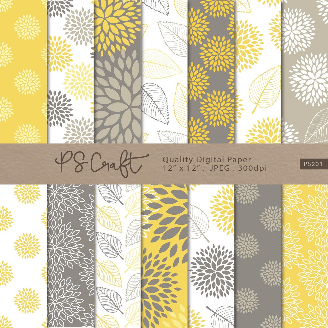Dahlia Digital Paper, Seamless Dahlia Papers, Yellow and Grey Digital ...