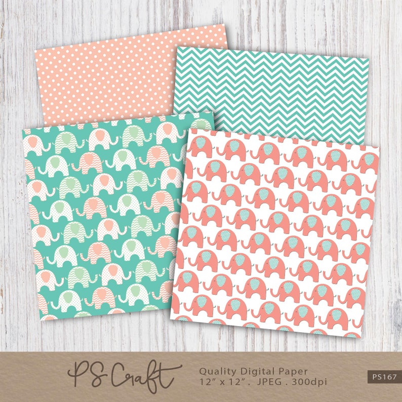 Elephant Digital Papers SEAMLESS baby Coral & - Etsy