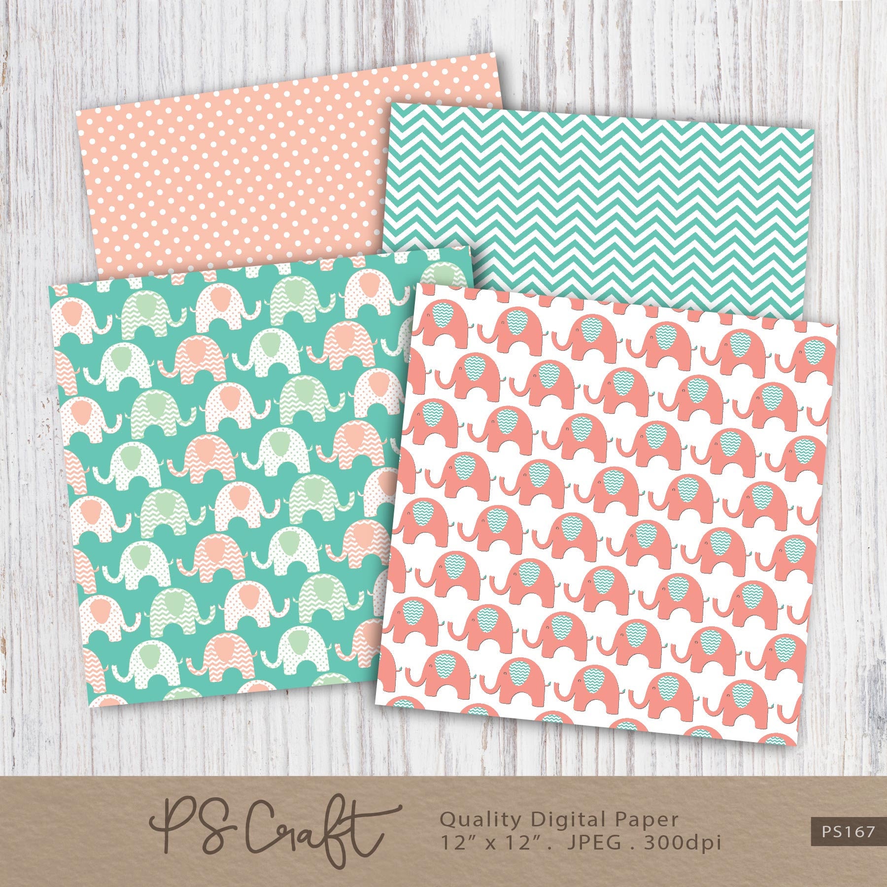 Elephant Digital Papers SEAMLESS baby Coral & - Etsy