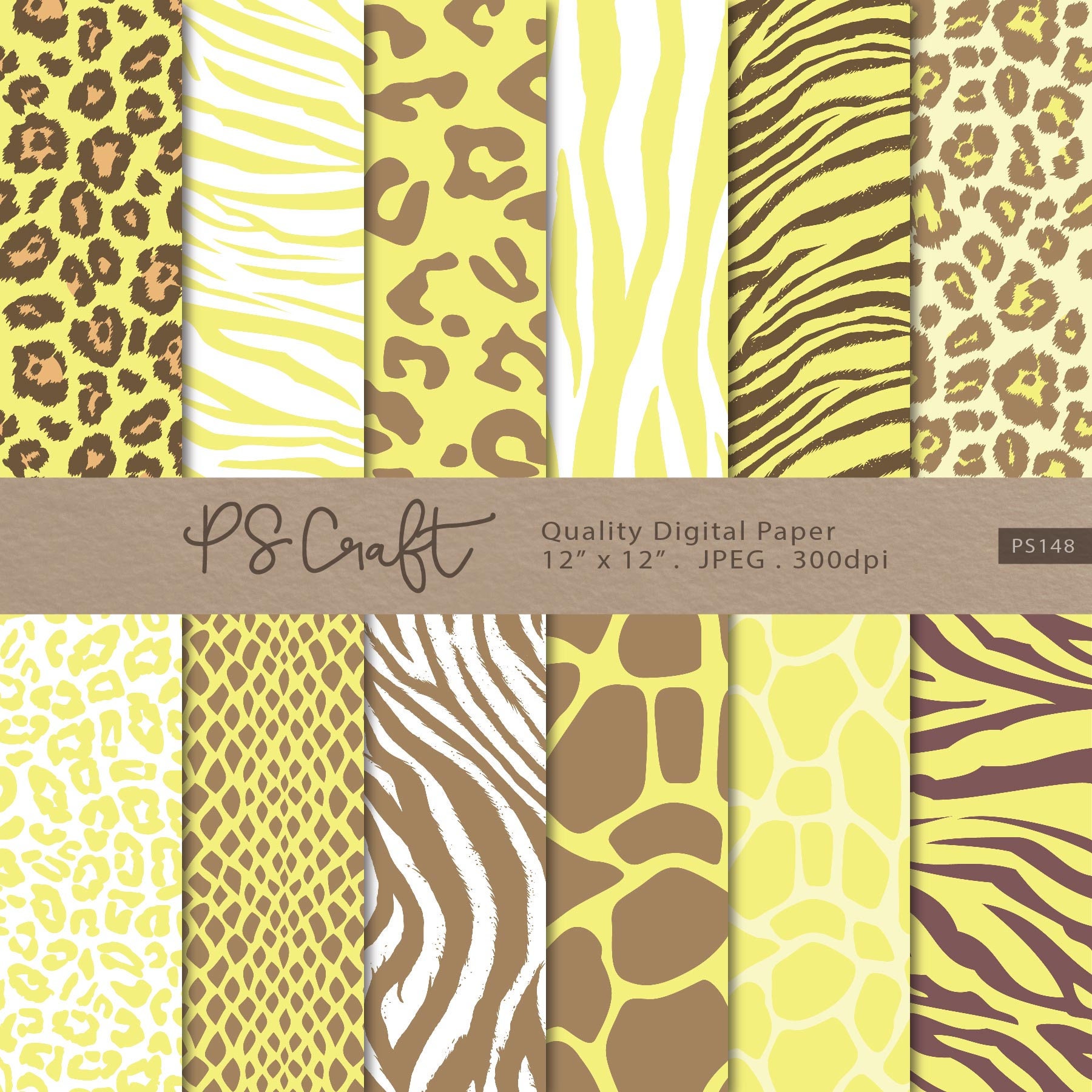 Yellow Animal Print Digital Paper, Seamless Yellow Safari Background ...