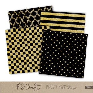 Black and Gold Glitter Digital Papers, Black and Gold Background ...