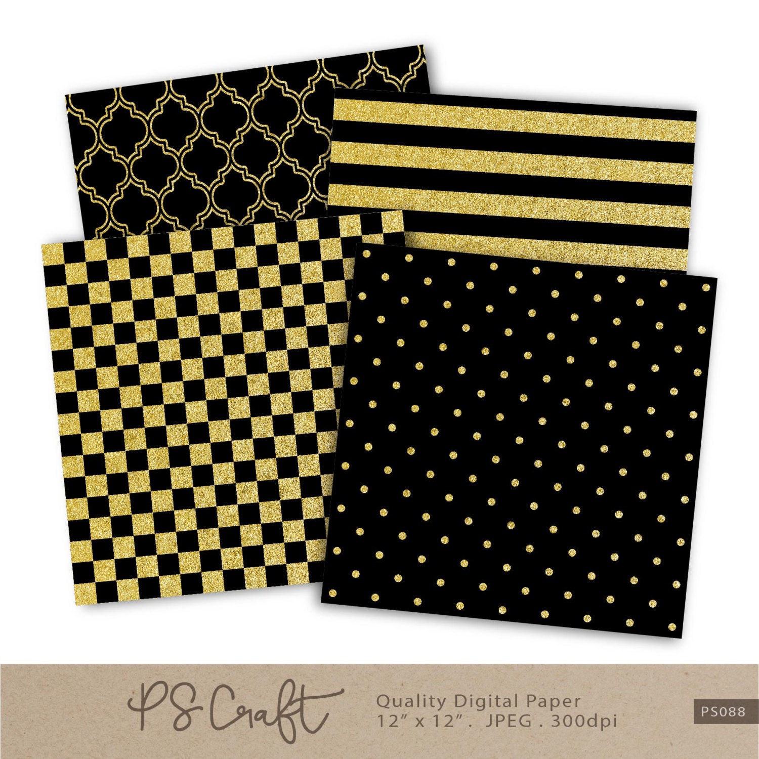 Black and Gold Glitter Digital Papers, Black and Gold Background ...