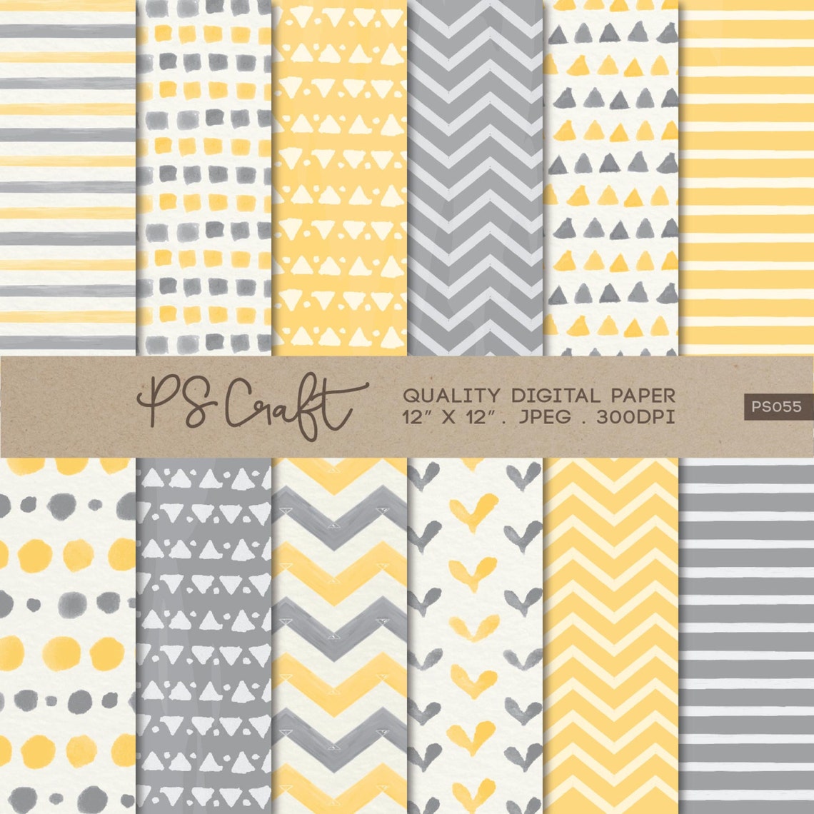 Yellow and Grey Digital Papers Stripes Background Zigzag - Etsy