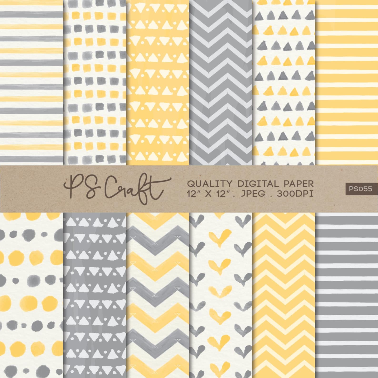 Yellow and Grey Digital Papers Stripes Background Zigzag - Etsy