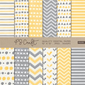 Yellow and Grey Digital Papers, Stripes Background, Zigzag Patterns ...