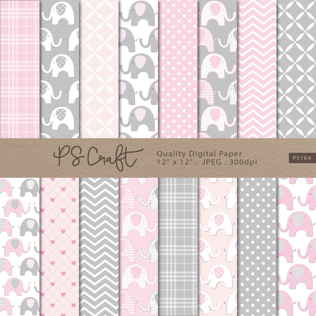 Elephant Digital Papers, SEAMLESS "baby Pink & Gray" Elephant ...