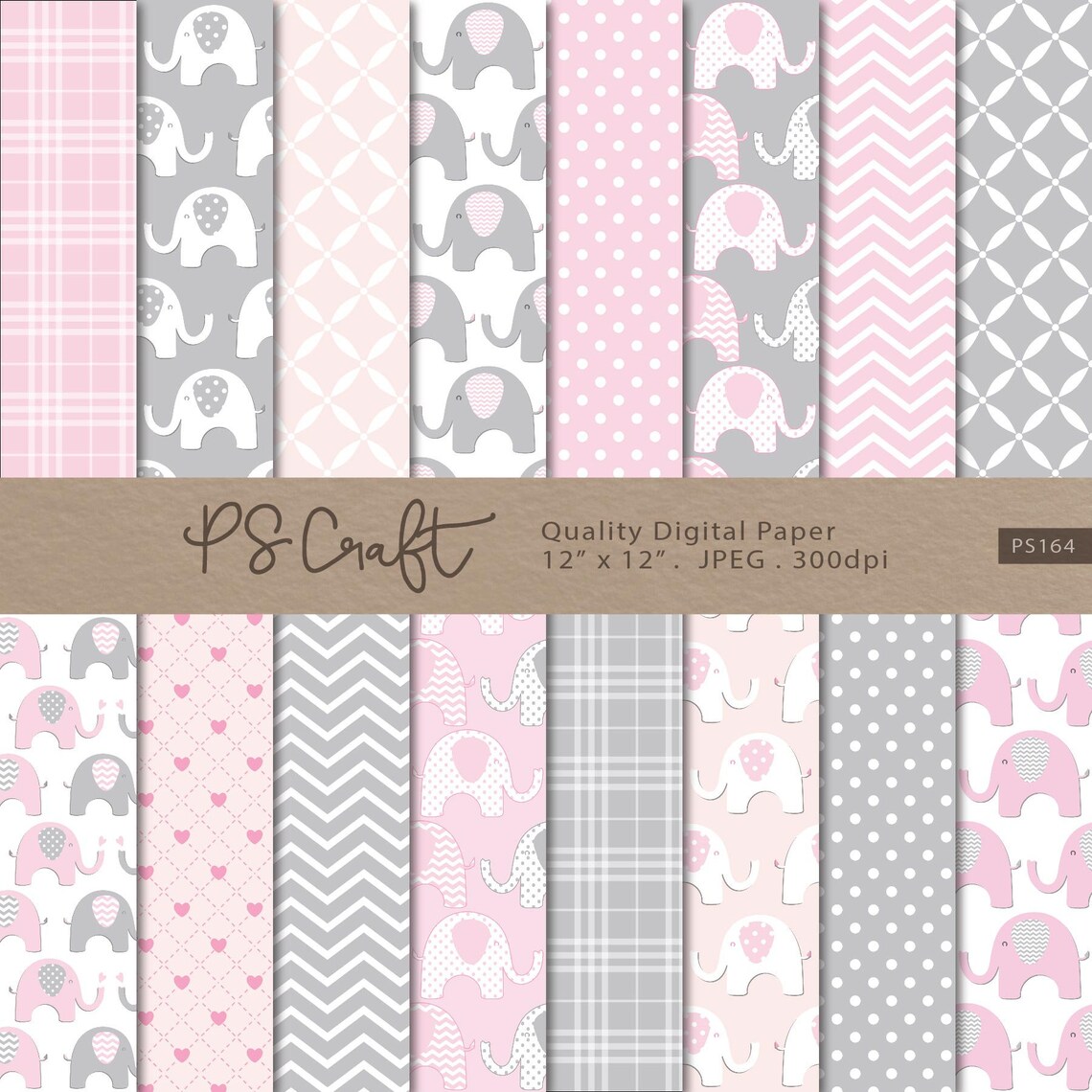 Elephant Digital Papers SEAMLESS baby Pink & Gray | Etsy