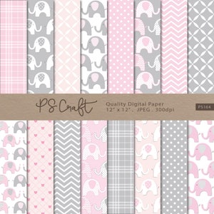 Elephant Digital Papers, SEAMLESS "baby Pink & Gray" Elephant ...