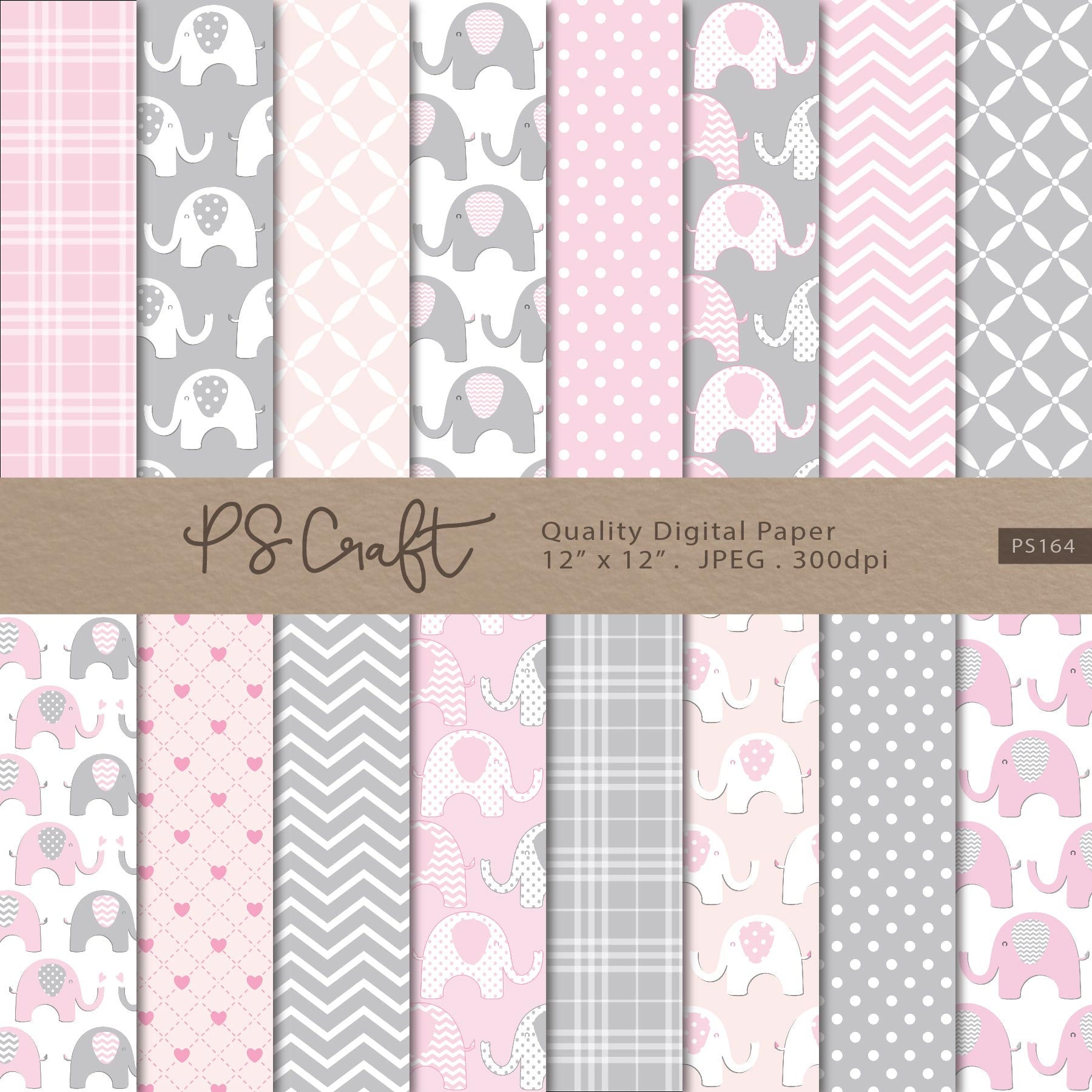 Elephant Digital Papers SEAMLESS baby Pink & Gray - Etsy