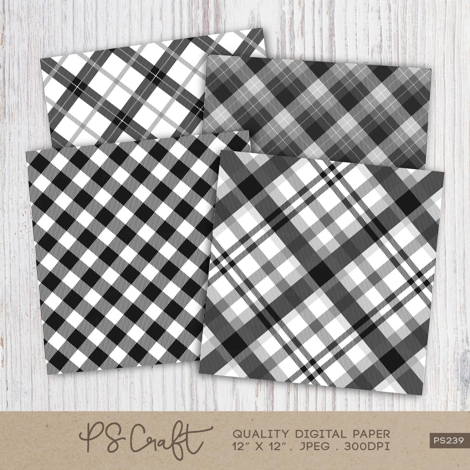 Black and White Plaid Digital Paper, Tartan Scrapbook Patterns (digital ...