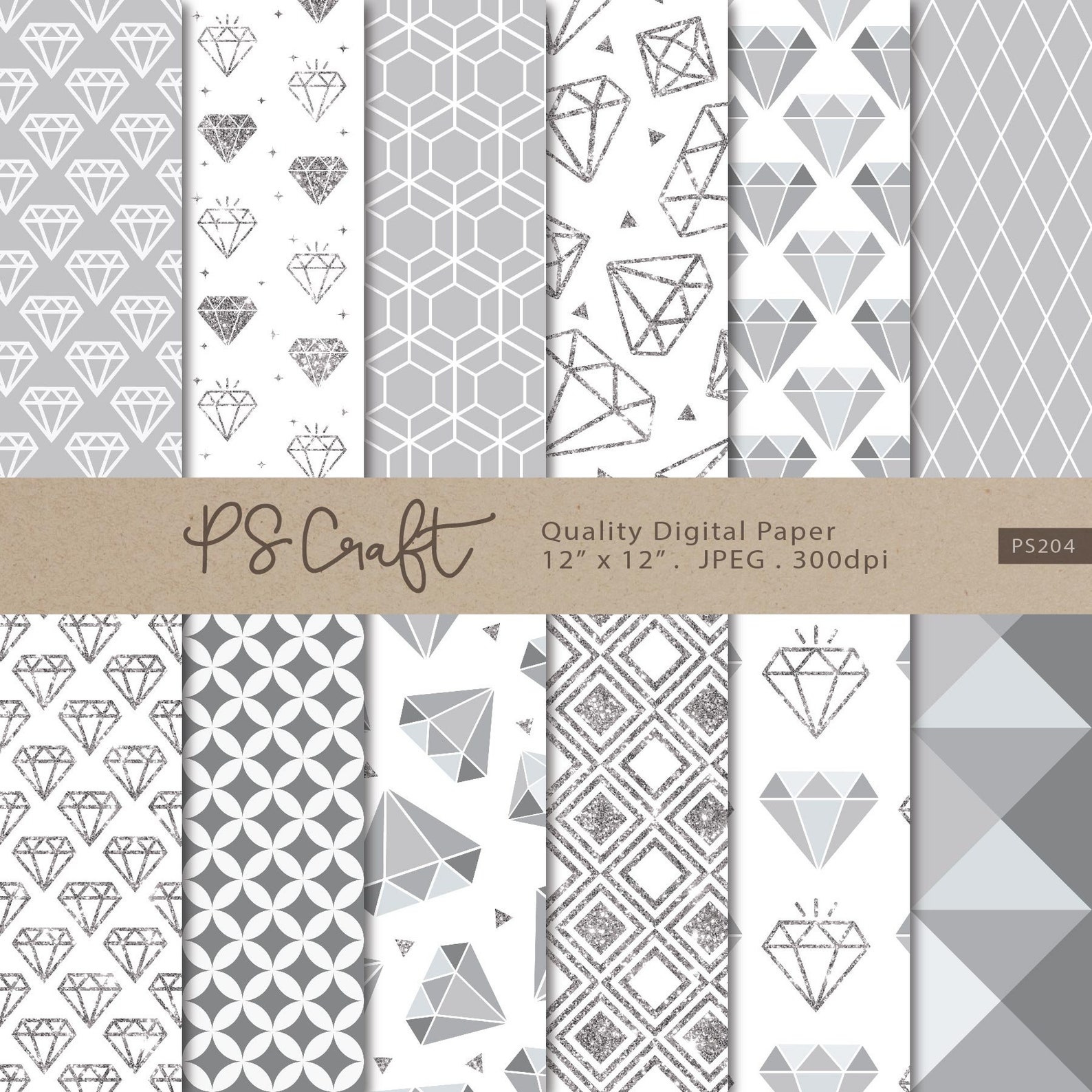 Silver Diamond Digital Paper, SEAMLESS Digital Paper, Silver Background ...