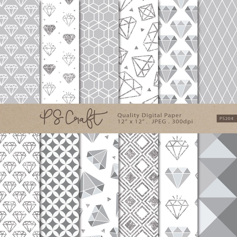 Silver Diamond Digital Paper, SEAMLESS Digital Paper, Silver Background ...