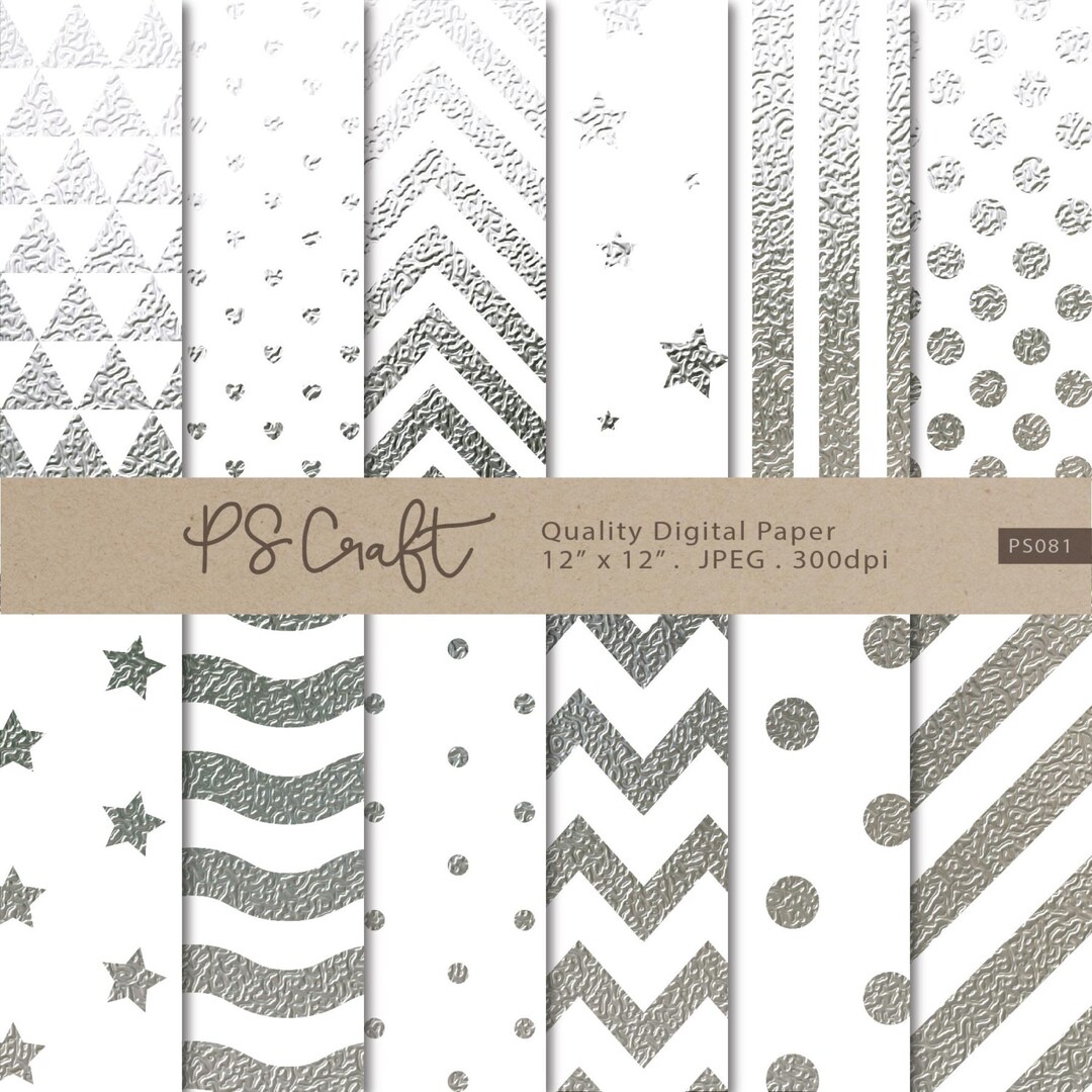 White and Silver Foil Digital Papers, Silver Background, Silver Star ...