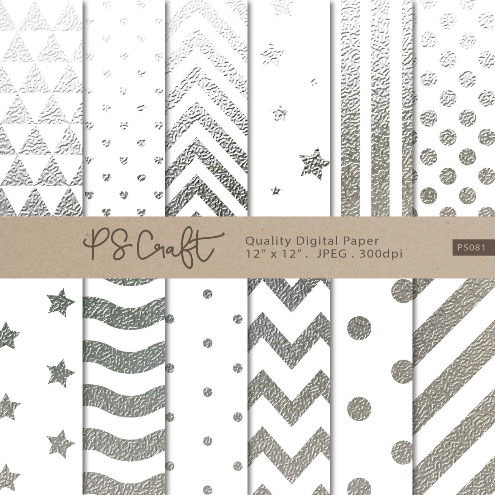 White and Silver Foil Digital Papers, Silver Background, Silver Star ...