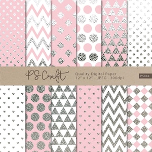 Pink and Silver Digital Papers, Pink and Silver Background, Silver ...