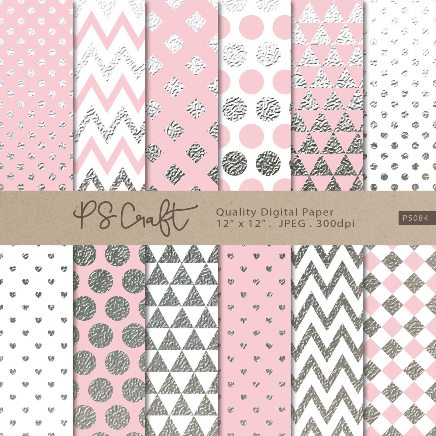 Pink and Silver Digital Papers, Pink and Silver Background, Silver ...