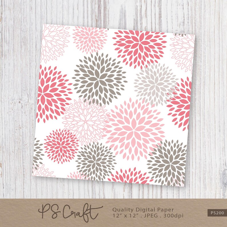 Dahlia Digital Paper, Seamless Dahlia Papers, Pink and Grey Digital ...