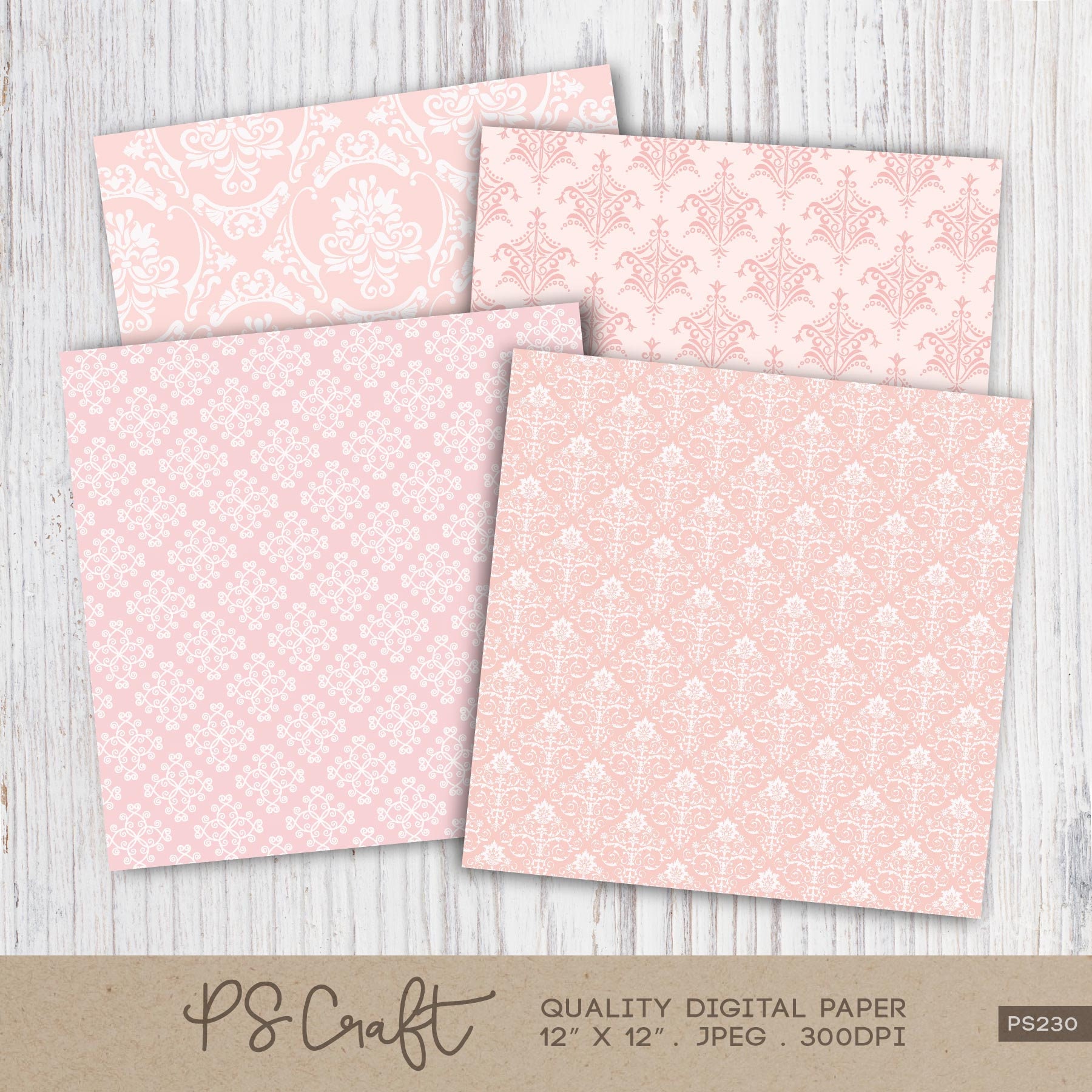 Blush Pink Damask Digital Papers, Seamless Scrapbook Paper (instant ...