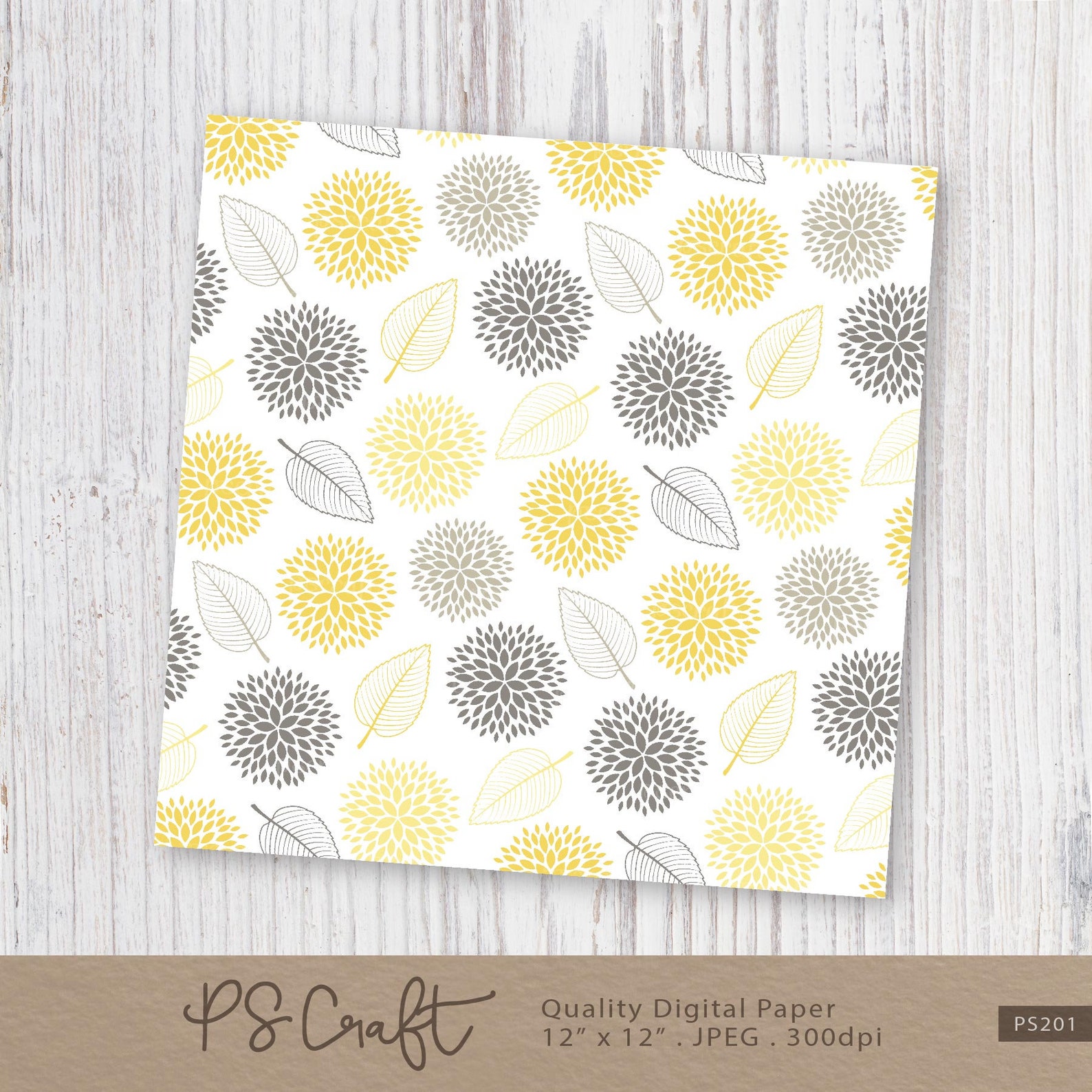 Dahlia Digital Paper, Seamless Dahlia Papers, Yellow and Grey Digital ...