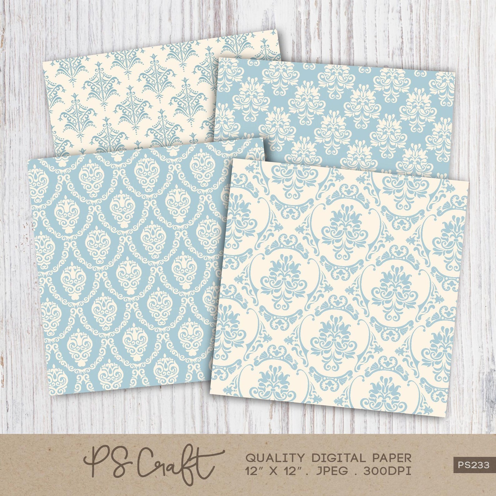 Blue Damask Digital Papers, SEAMLESS Vintage Blue Damask Papers, Damask ...