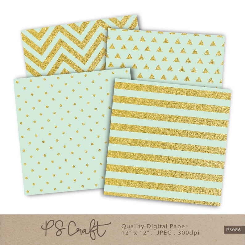 Mint and Gold Glitter Digital Papers, Mint and Gold Background, Chevron ...