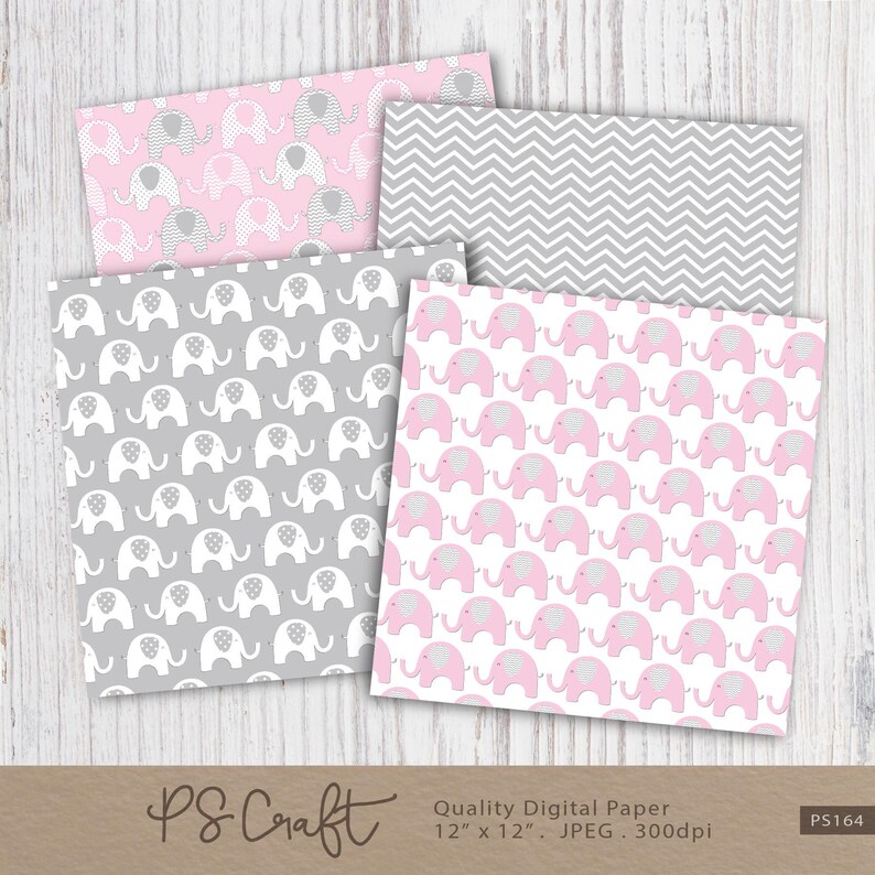 Elephant Digital Papers SEAMLESS baby Pink & Gray - Etsy