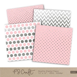 Pink and Silver Digital Papers, Pink and Silver Background, Silver ...