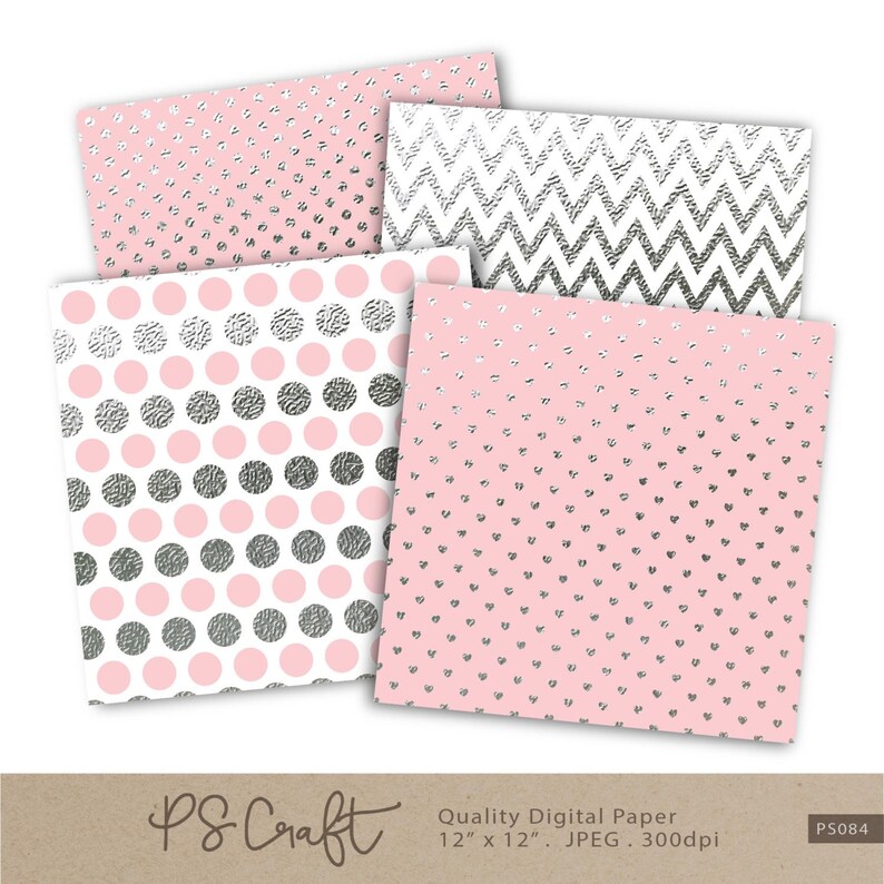 Pink and Silver Digital Papers, Pink and Silver Background, Silver ...