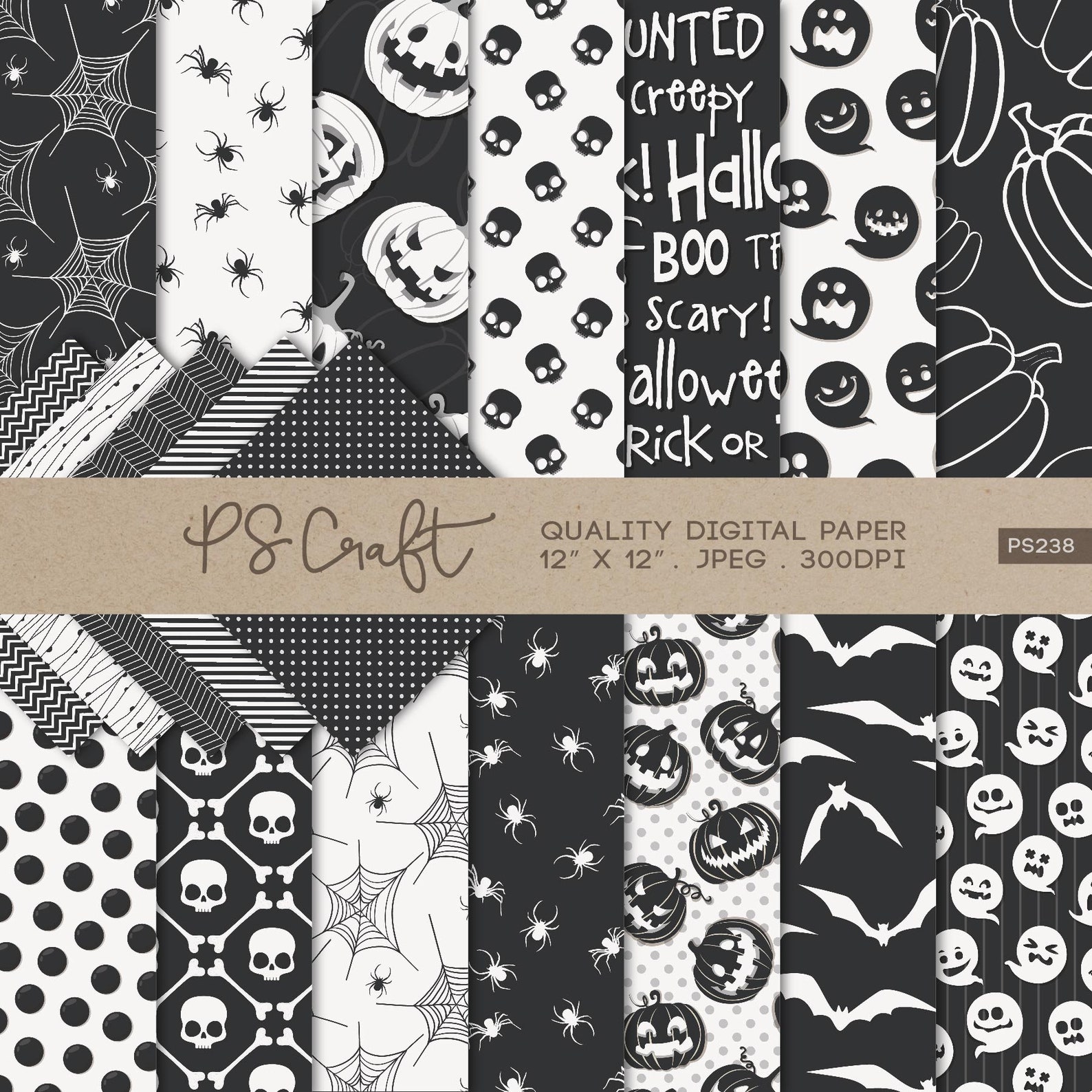 Black & White Halloween Digital Paper, SEAMLESS Halloween Digital Paper ...
